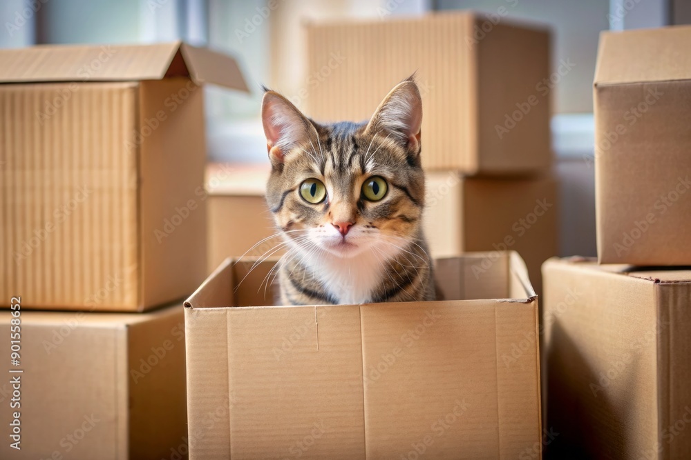 Adorable curious cat peeks out of cardboard box amidst stacked boxes in ...