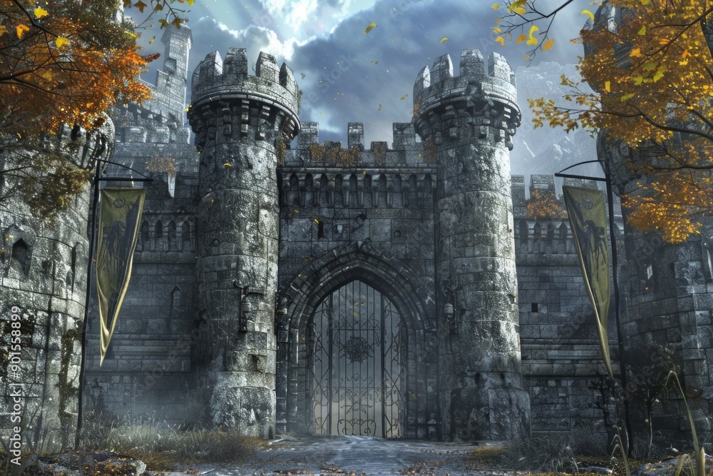Fantasy Castle Gate Frame. A frame of towering stone gates, intricate ...