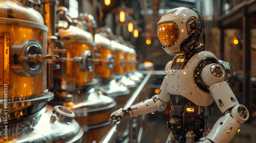 Advanced humanoid robot operating in a high-tech brewery, managing the ...