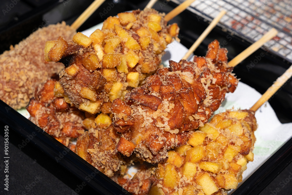 Japanese corn dog, Korean street food corndog, takoyaki, deep fried ...