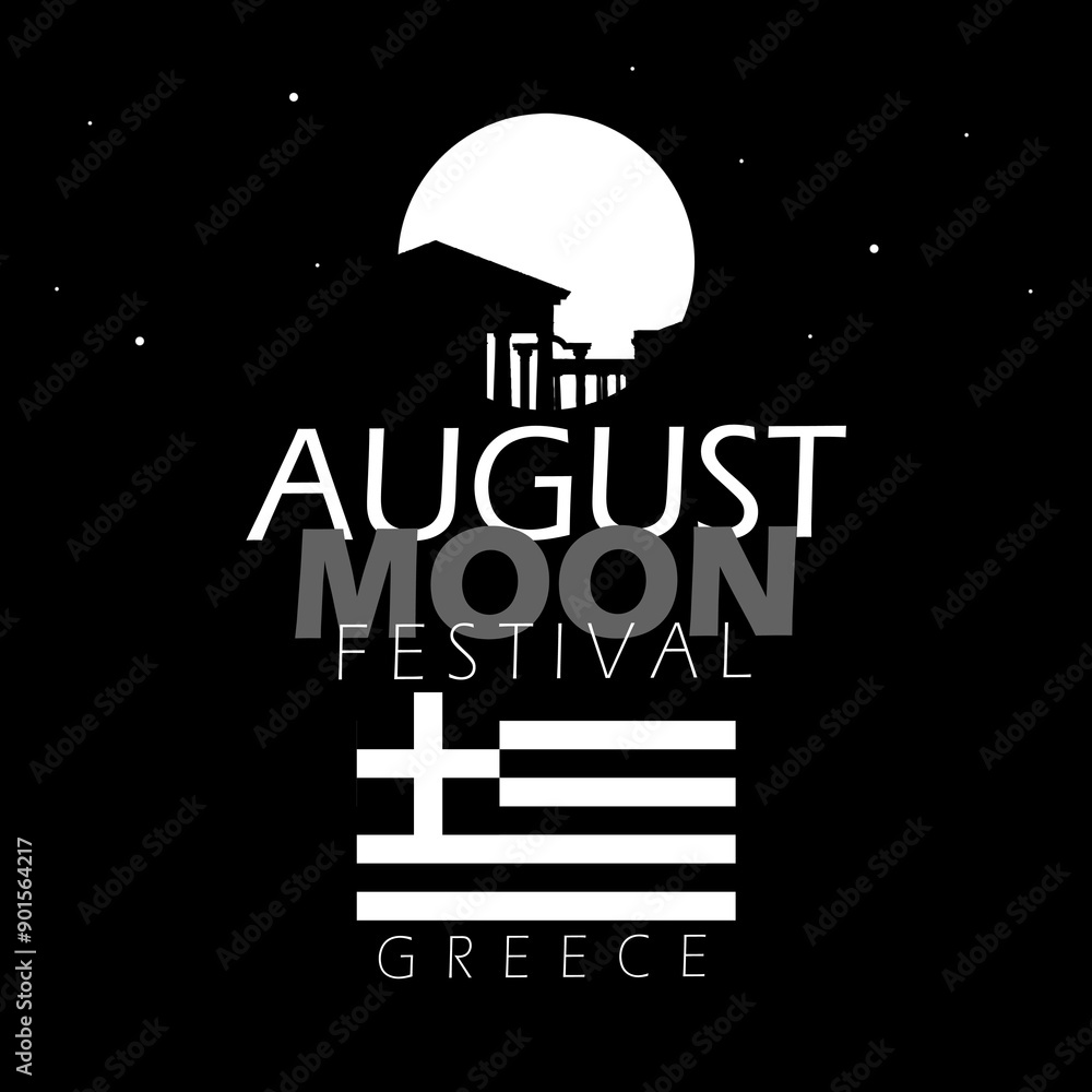August Moon Festival event banner. Big full moon behind Greek building ...