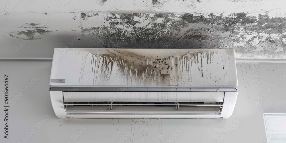 Neglected Air Conditioning Unit with Water Droplets on Grille: Indoor ...