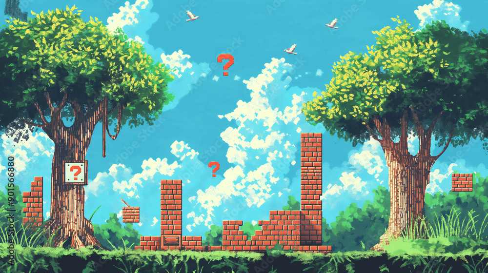 A pixelated outdoor scene, reminiscent of classic video games. There's ...