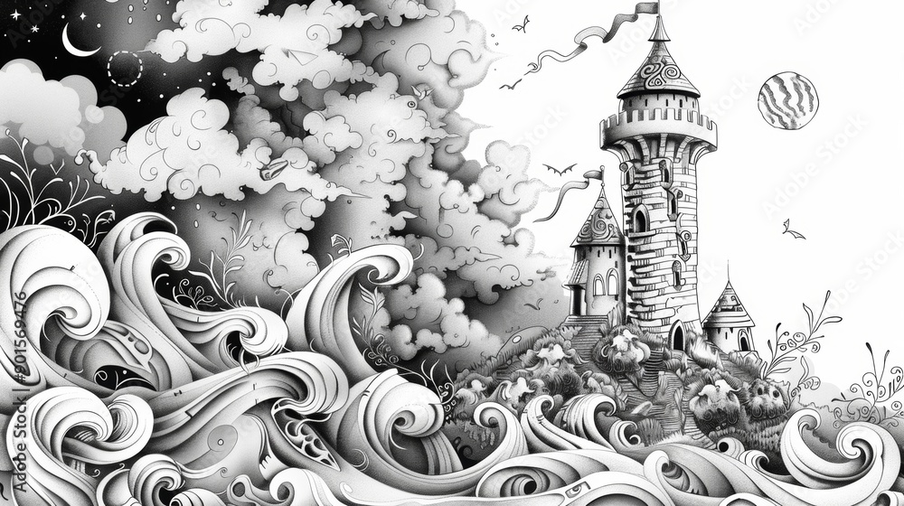 wizardry school invitation, magical wizards tower encircled by spells ...
