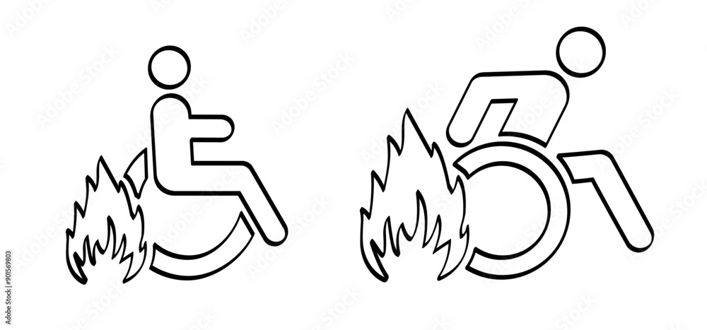 Cartoon fire patient evacuation, exit concept. Burn patient symbol or ...