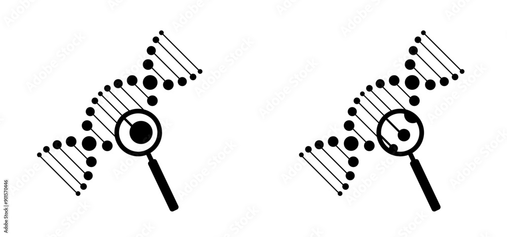 DNA with magnifying glass. DNA string, double helix spiral line. RNA ...