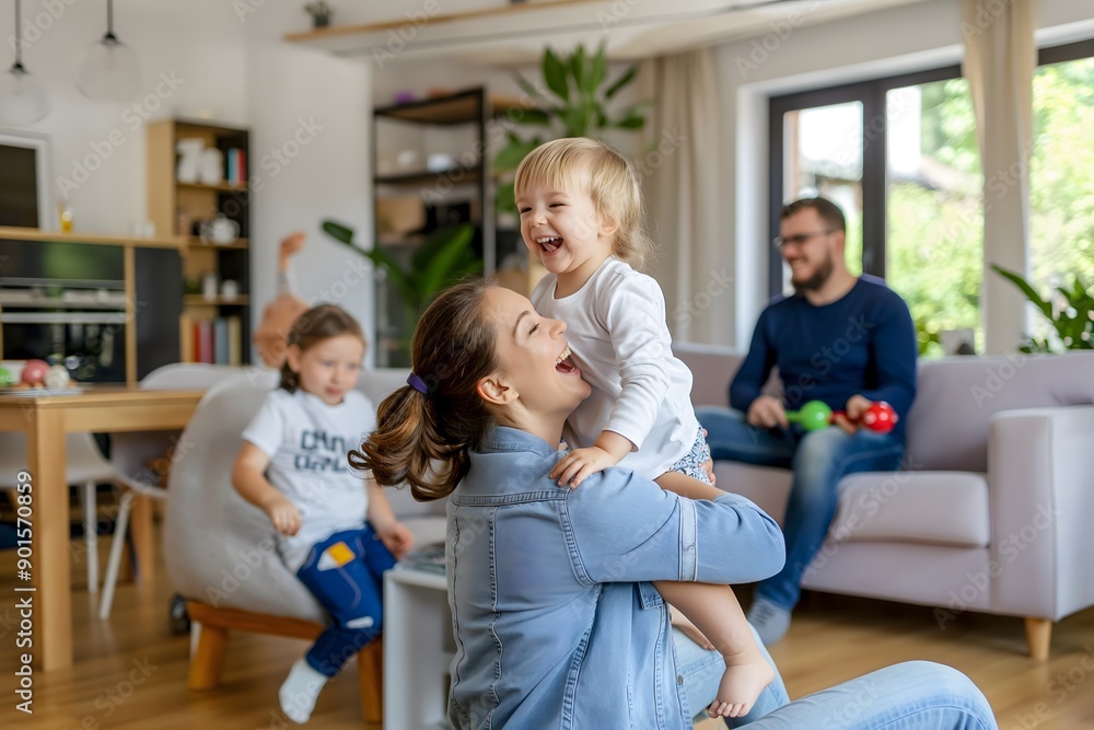 Spending a weekend day indoors, a young nuclear family enjoys their ...