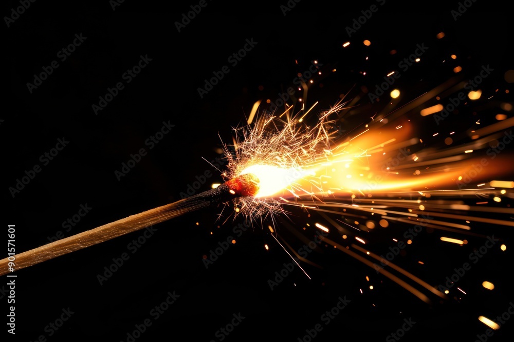 match at the moment of ignition with sparks of fire Isolated on black ...