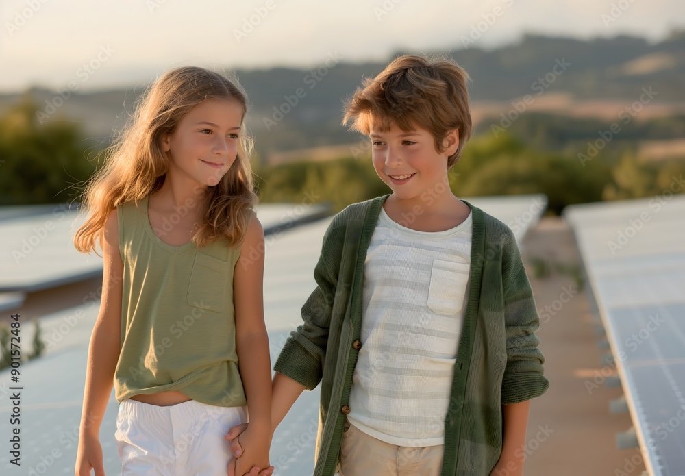 Two young siblings share a happy moment on a roof with solar panels ...