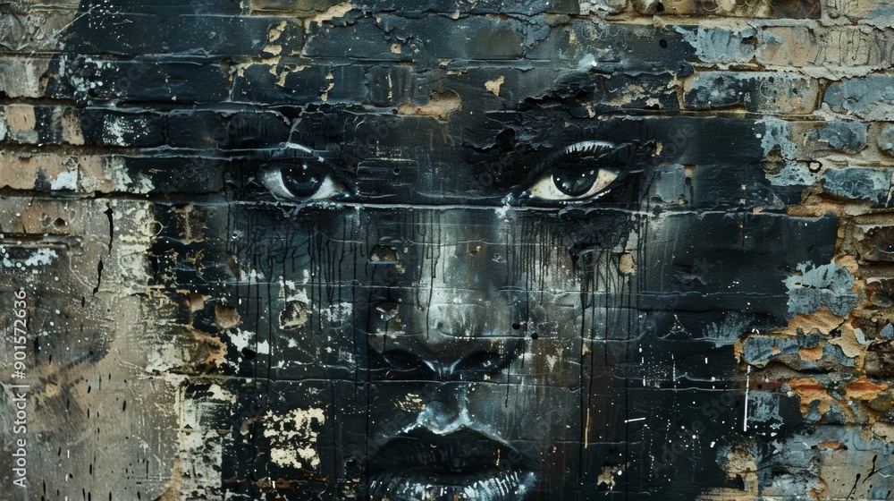 cityscape graffiti art, a cryptic figure depicted in a street art mural ...