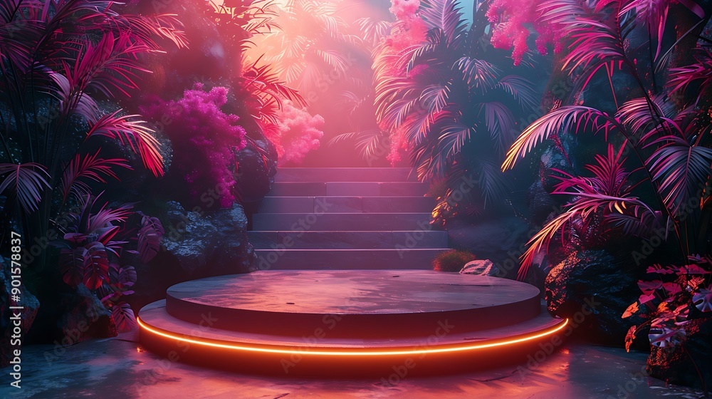 Dynamic presentation with a neon podium and animated background visuals ...