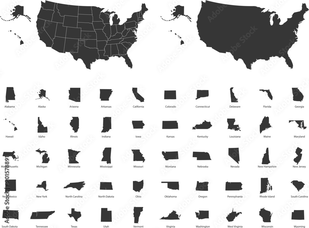 Territories of US States. All American states on white background ...