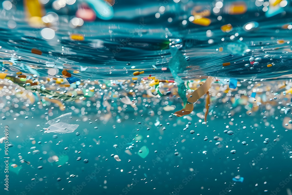Bright microplastic particles in ocean water, concept of pollution in ...