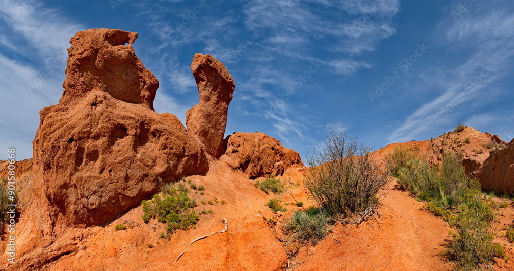 Northern Kyrgyzstan. The unusual texture of red-yellow clay rocks in ...