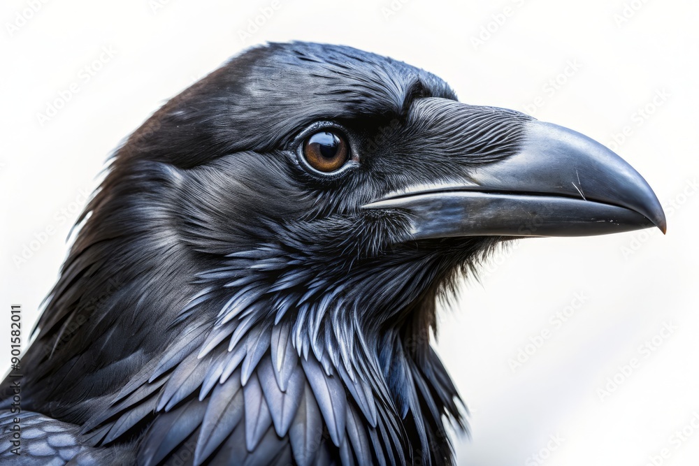 Mysterious black raven posed in profile, shiny feathers glisten against ...