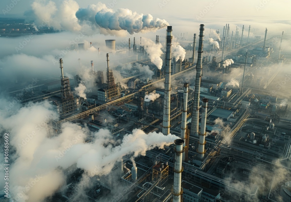 An aerial view of an industrial zone with numerous factories and power ...