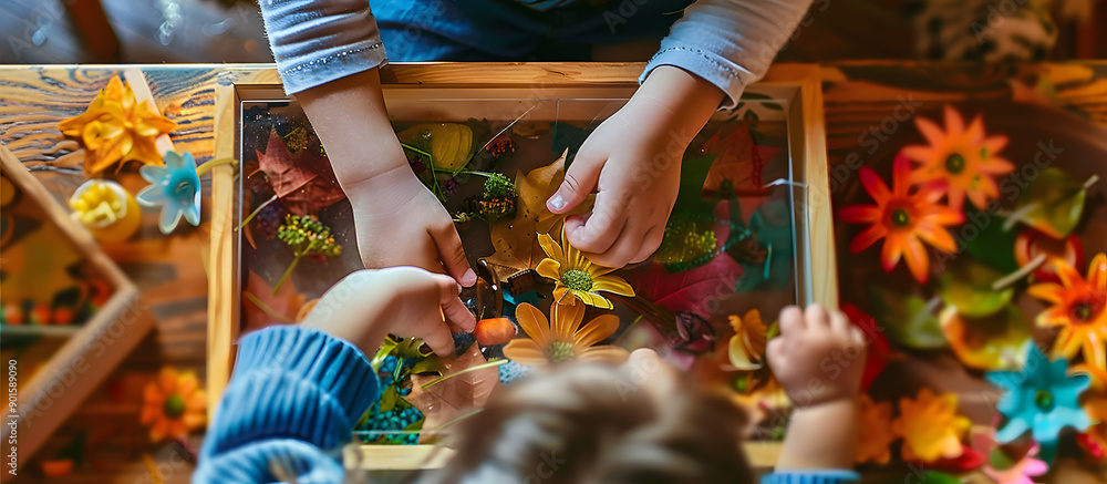 Capture an aerial shot of a child's hands exploring a sensory box in a ...