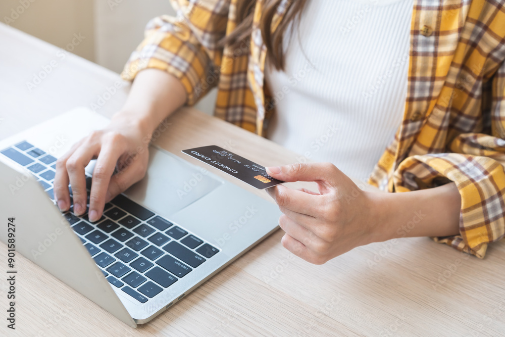 Internet banking, Online shopping at home, asian young woman hand in ...