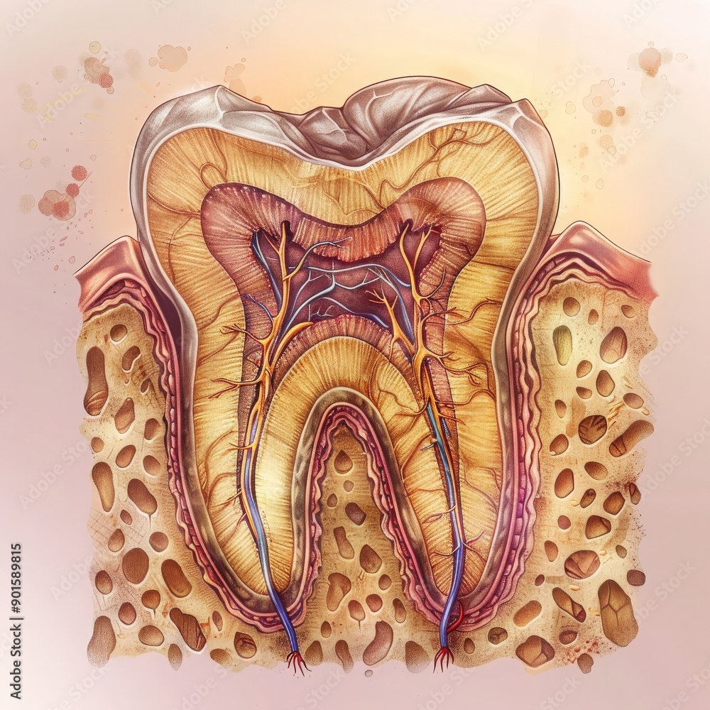 Illustration of Human Tooth Anatomy Showing Enamel, Dentin, Pulp ...