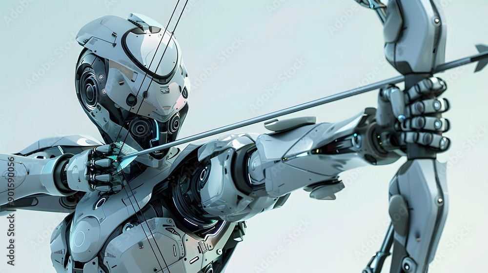 Robot Archer Aiming Bow: A precision-engineered robot drawing back a ...