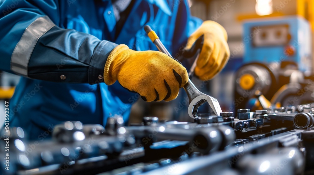Mechanic's Precision: Close-up of a skilled mechanic's hands, wearing ...