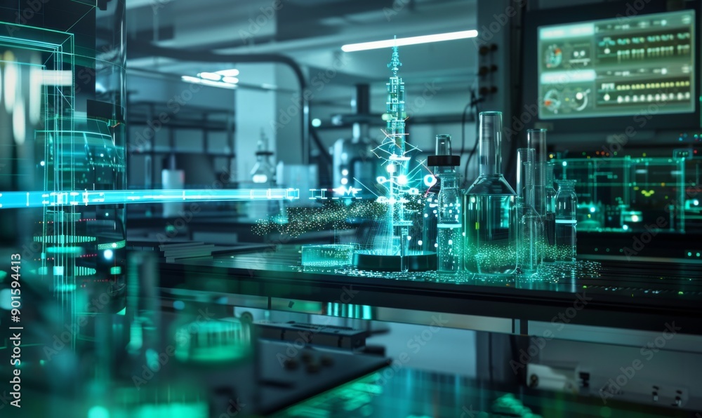 A quantum computer lab, with glowing qubits and futuristic interfaces. Scientists are conducting ...