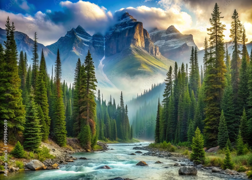 Majestic forest on mountainside shrouded in misty low clouds ...