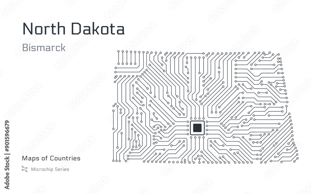 North Dakota Map with a capital of Bismarck Shown in a Microchip ...
