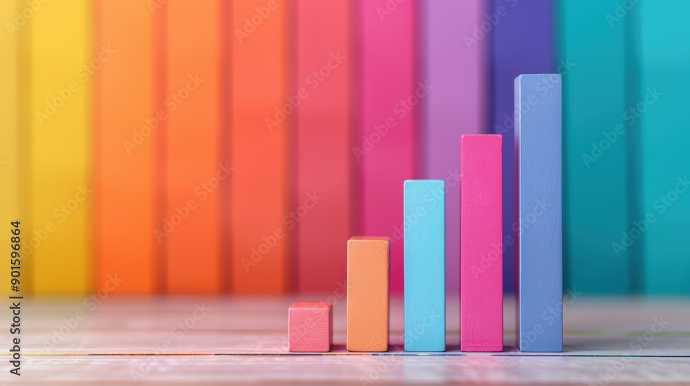 Colorful bar chart with rising columns representing growth on a wooden ...