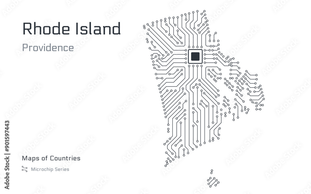 Rhode Island Map with a capital of Providence Shown in a Microchip ...
