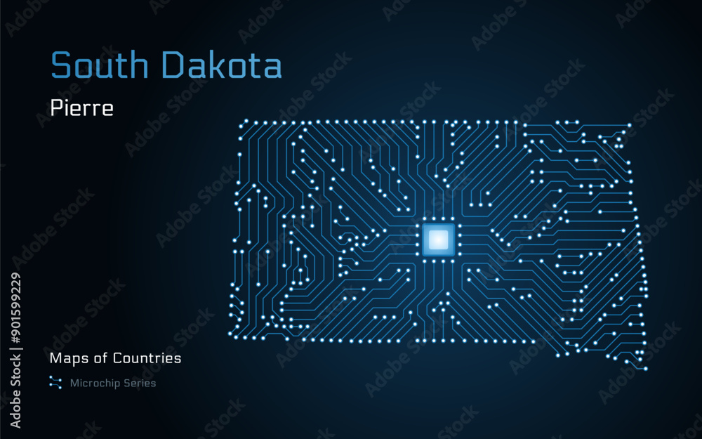 South Dakota Map with a capital of Pierre Shown in a Microchip Pattern ...