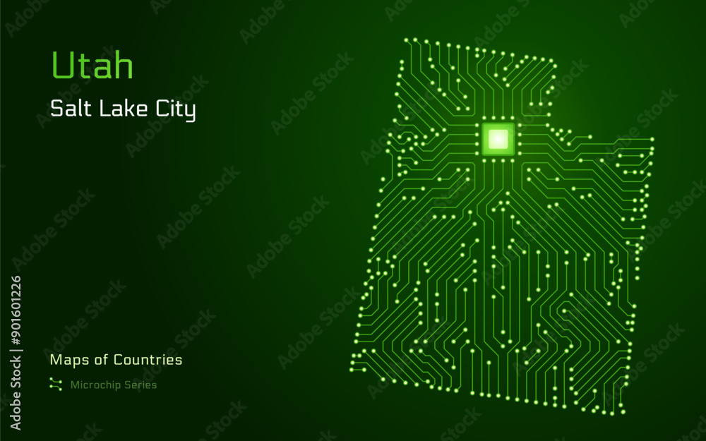 Utah Map with a capital of Salt Lake City Shown in a Microchip Pattern ...