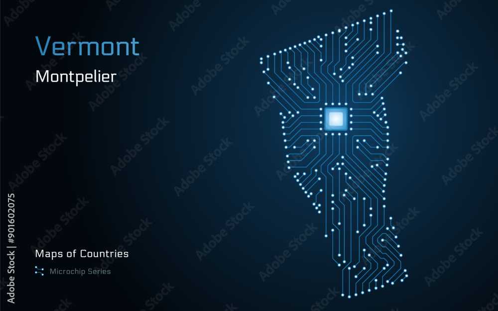 Vermont Map with a capital of Montpelier Shown in a Microchip Pattern ...