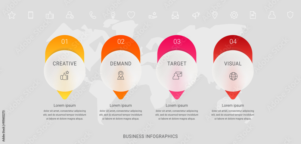 Vector modern infographic with 4 circles and arrows. 3D concept graphic ...