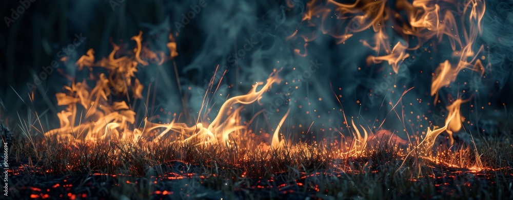 There is a fire background with a field of flames spreading rapidly and ...