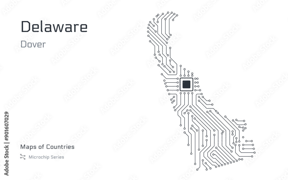 Delaware Map with a capital of Dover Shown in a Microchip Pattern. E ...