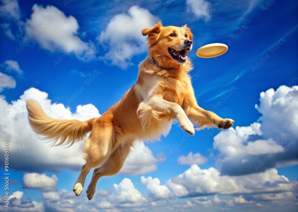 Happy golden retriever in mid-air, catching a flying disc with mouth ...