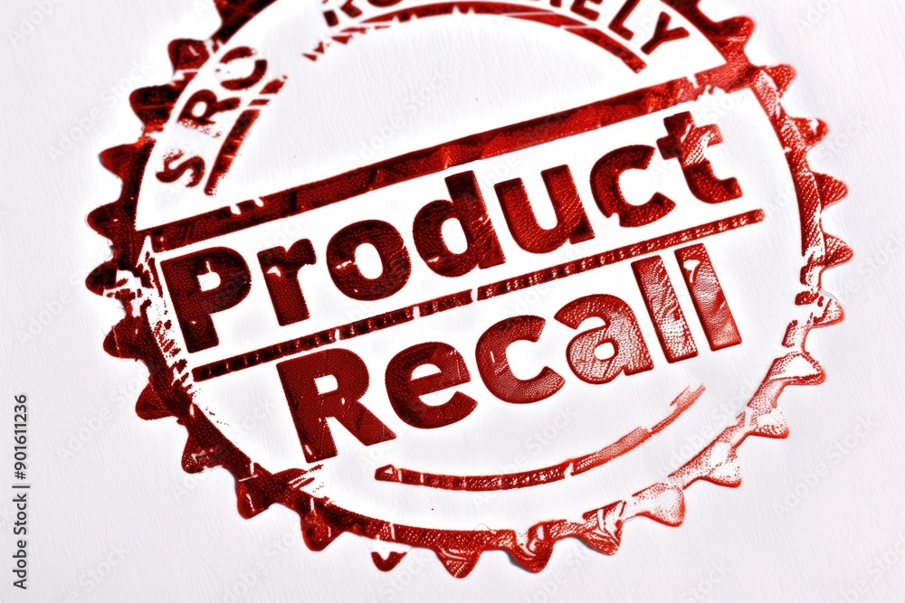 Red "Product Recall" stamp printed on white paper in a close-up view ...