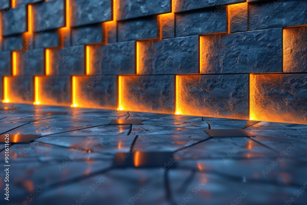 Sleek design featuring a 3D tile wall with illuminated edges, creating ...