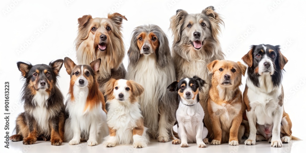 Adorable assembling of varied breed dogs, differing in size and coat ...