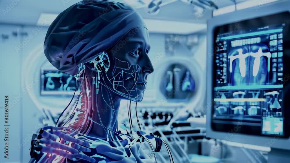 HUD monitoring MRI x ray scan, micro surgery operation. DNA. Heard rate ...