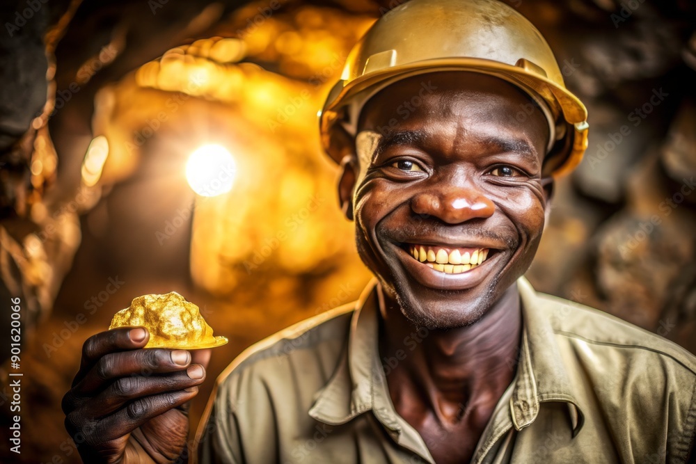 Enthralling Congolese gold miner, radiant smile, adorned with headlamp ...
