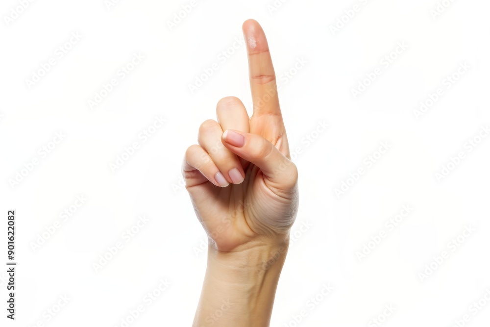 isolated female hand with index finger pointing upwards on white ...