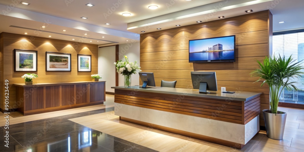 A warm and inviting hotel reception area features a vacant counter with ...