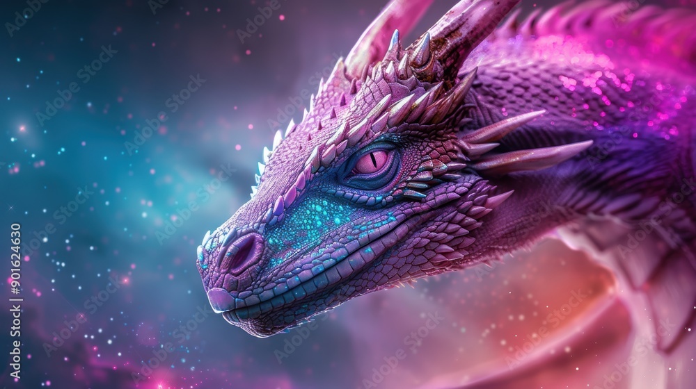 surreal dragon soar cosmic nebula starry backdrop iridescent scales mythical journey Stock ...