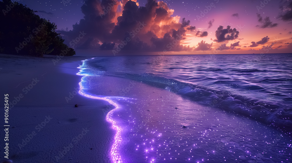 Magical Bioluminescent Beach at Sunset: A mesmerizing vista unfolds on ...