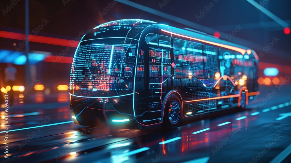 Self-driving bus with a minimalistic design, featuring a holographic ...