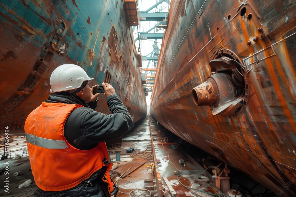 Shipyard worker inspecting rusted ships. Shipyard worker in a hard hat ...