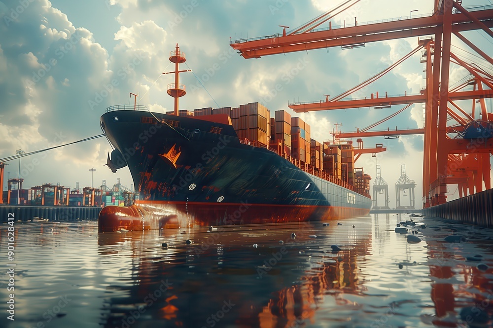 Container ship loading at dock. Container ship being loaded at a dock ...