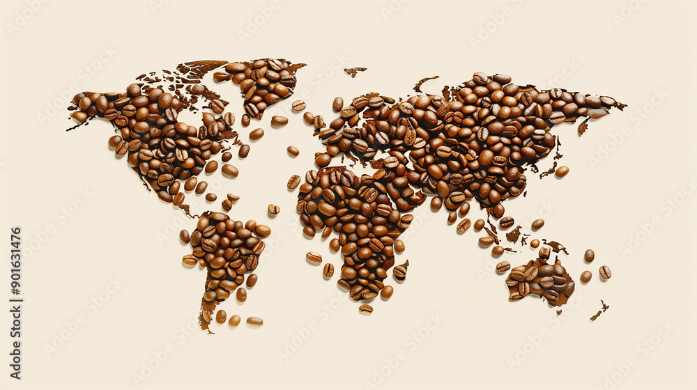 Abstract coffee beans world map isolated on light backdrop. Global ...